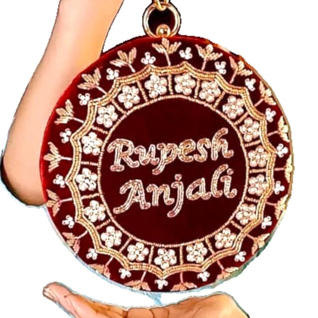 Personalized Maroon Velvet Round Clutch Bag With Gold Bead Embroidery ...