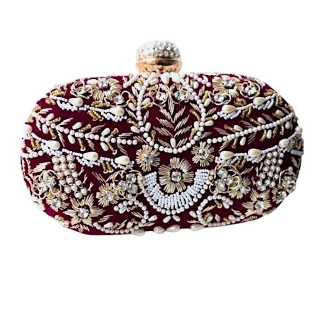 Maroon Embroidered Clutch Bag for Women Handmade Beaded Wedding Purse ...