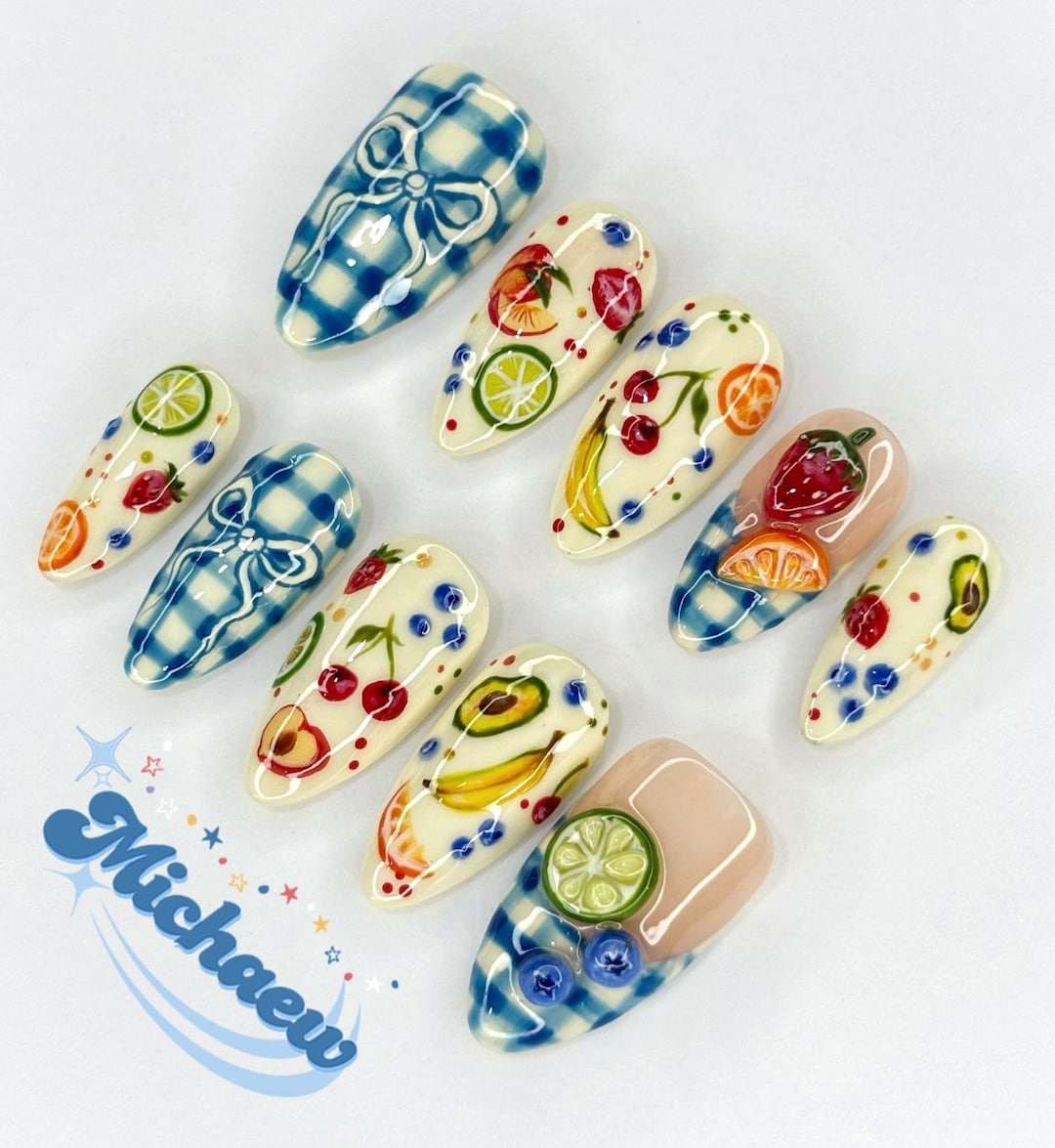 Fruit Salad Picnic Press on Nails, Hand-painted Gingham & 3D Citrus ...