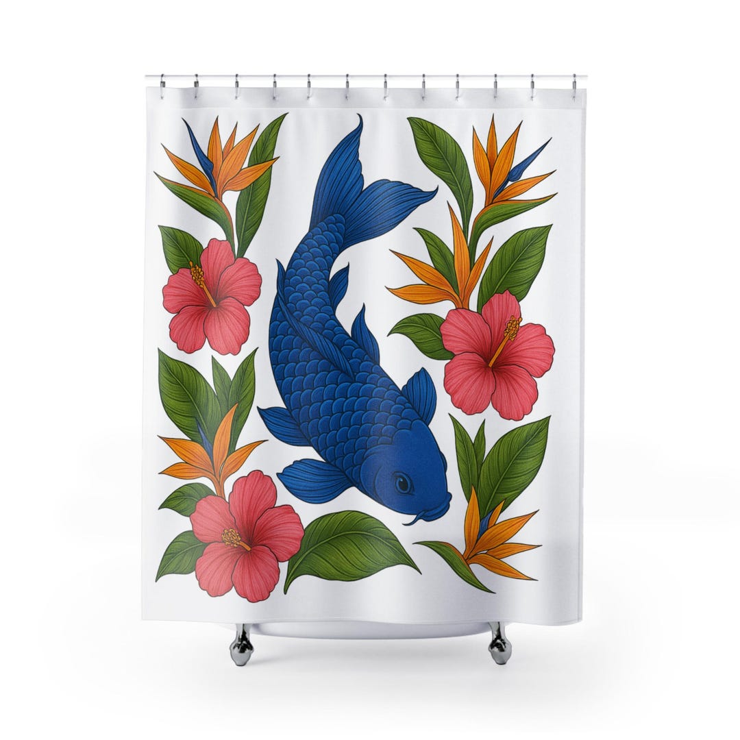 Hibiscus Koi Fish Shower Curtain: Tropical Floral Japanese Bath Decor ...