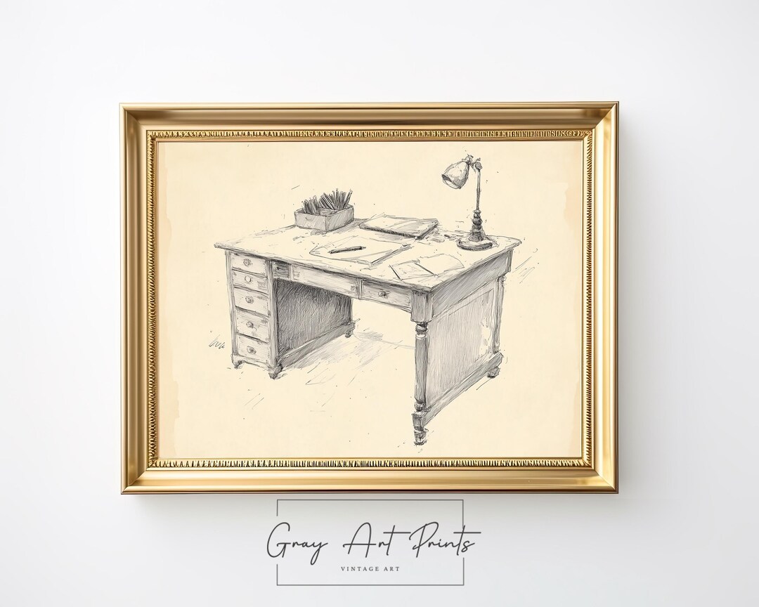 Printable Vintage Writers Desk Sketch - Rustic Writing Room Decor ...