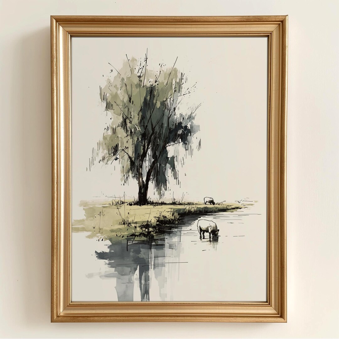 Willow Tree Stream Landscape Art Print – Cottagecore Decor (digital ...