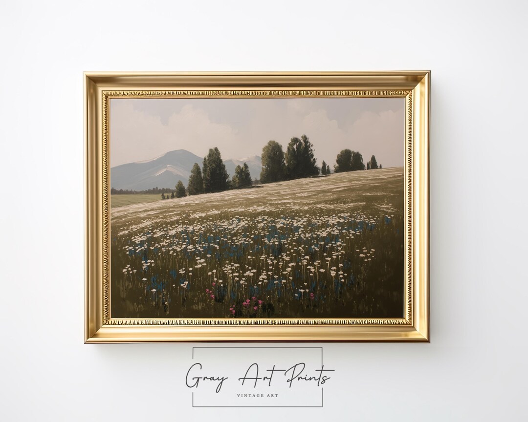Vintage Mountain Meadow Painting – Rustic Cottagecore Landscape ...