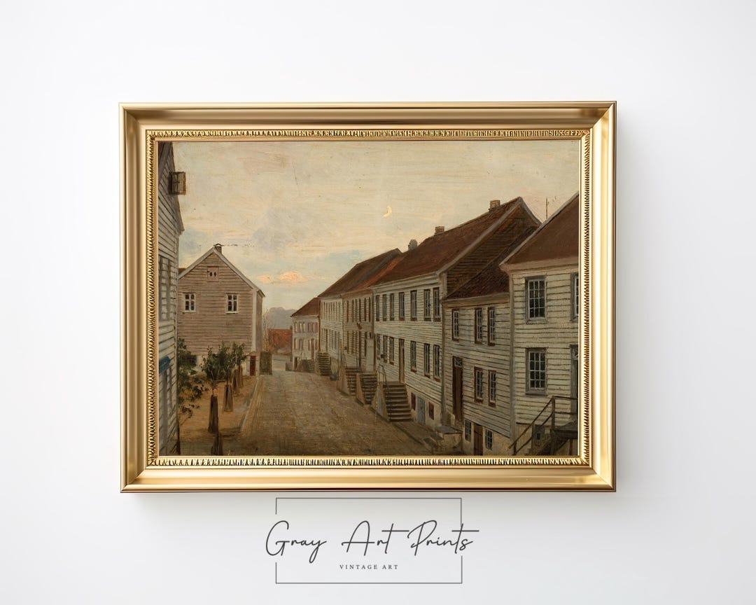 Vintage Coastal Village Street Scene Printable - Rustic Architecture ...