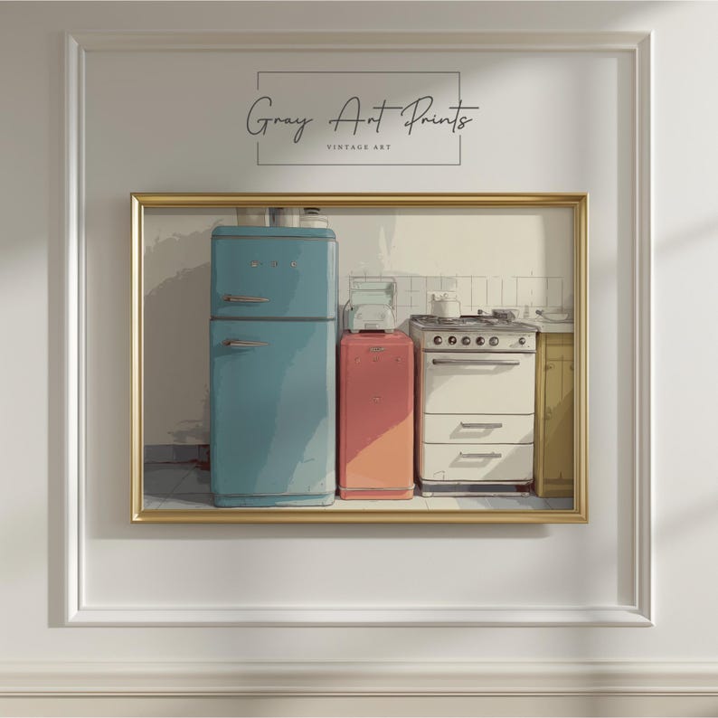 Printable Minimalist Old Fridge Illustration, Retro Kitchen Decor ...