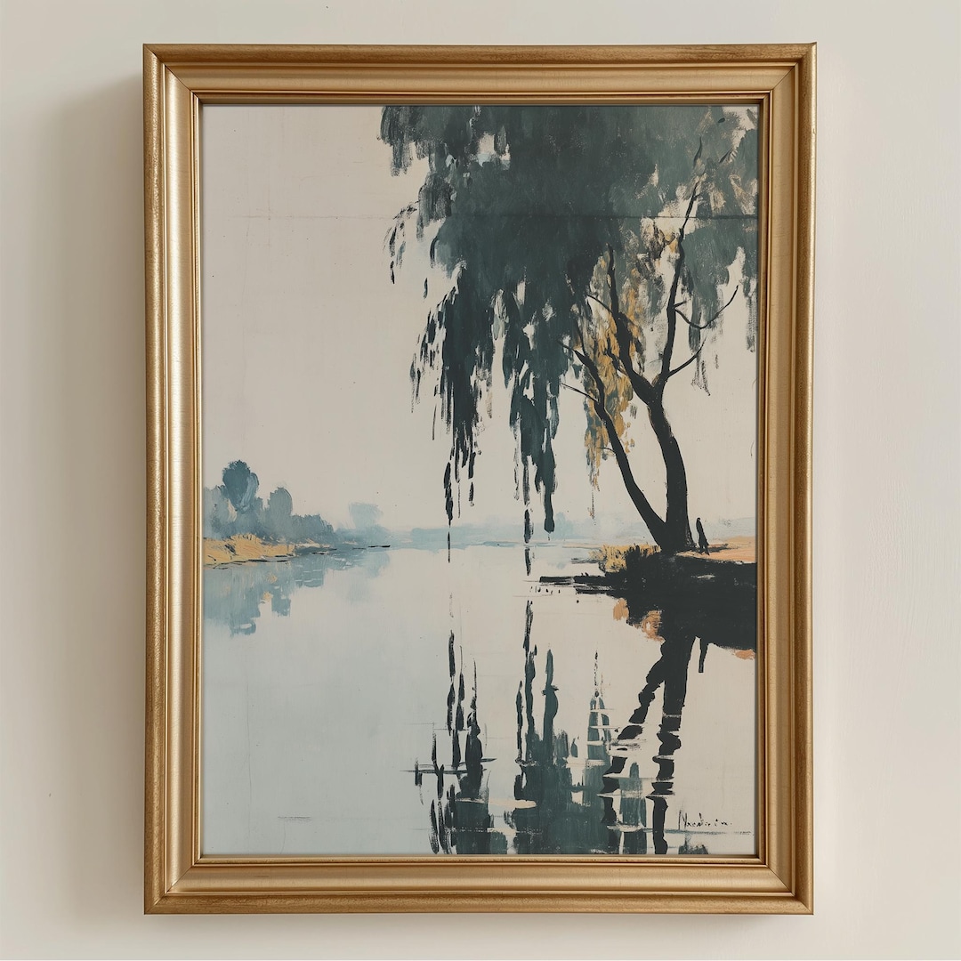 Willow Tree Pond Landscape Art Print – Vintage Coastal Painting ...