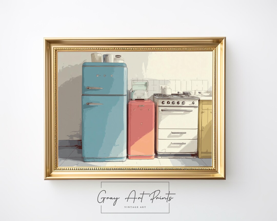 Printable Minimalist Old Fridge Illustration, Retro Kitchen Decor ...