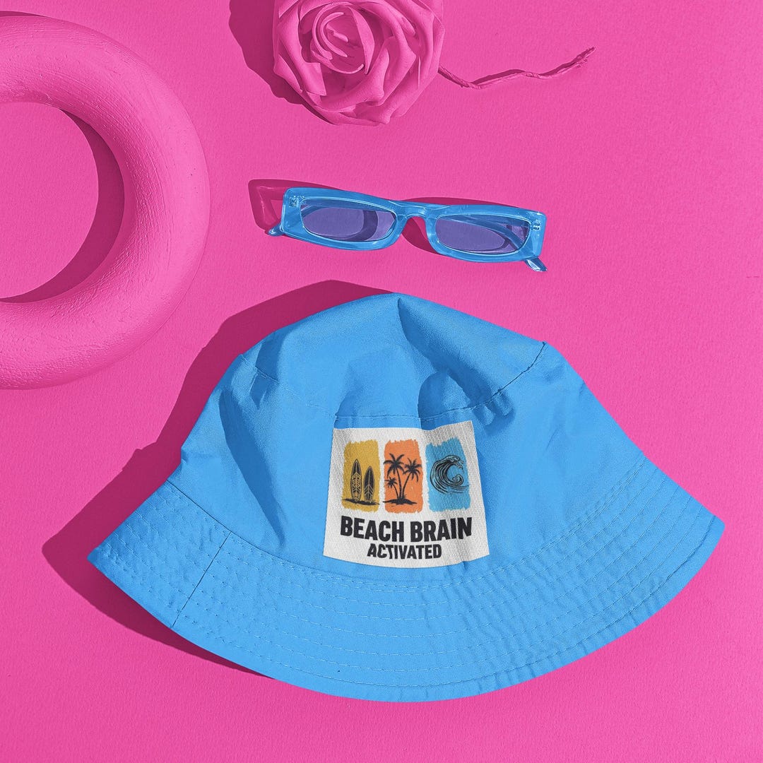 Beach Brain Bucket Hat - Funny Blue Summer Cap - Trendy Surf Hat - Y2K ...