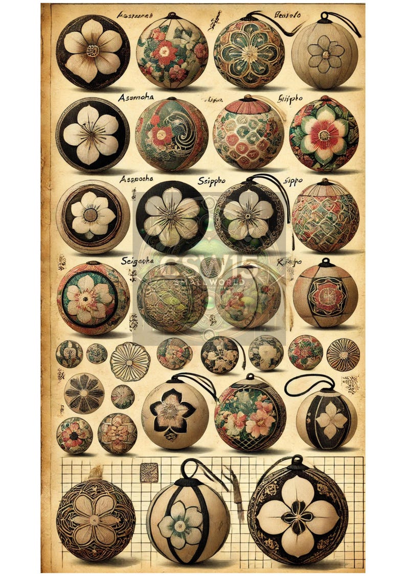 Vintage Japanese Temari Balls Collage Sheet | Printable Junk Journal ...