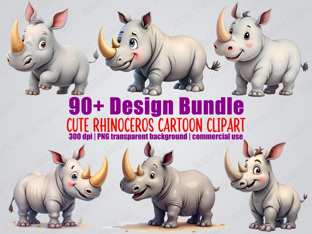 Cute Rhinoceros Cartoon Clipart PNG Bundle Printable Nursery Pet Baby ...