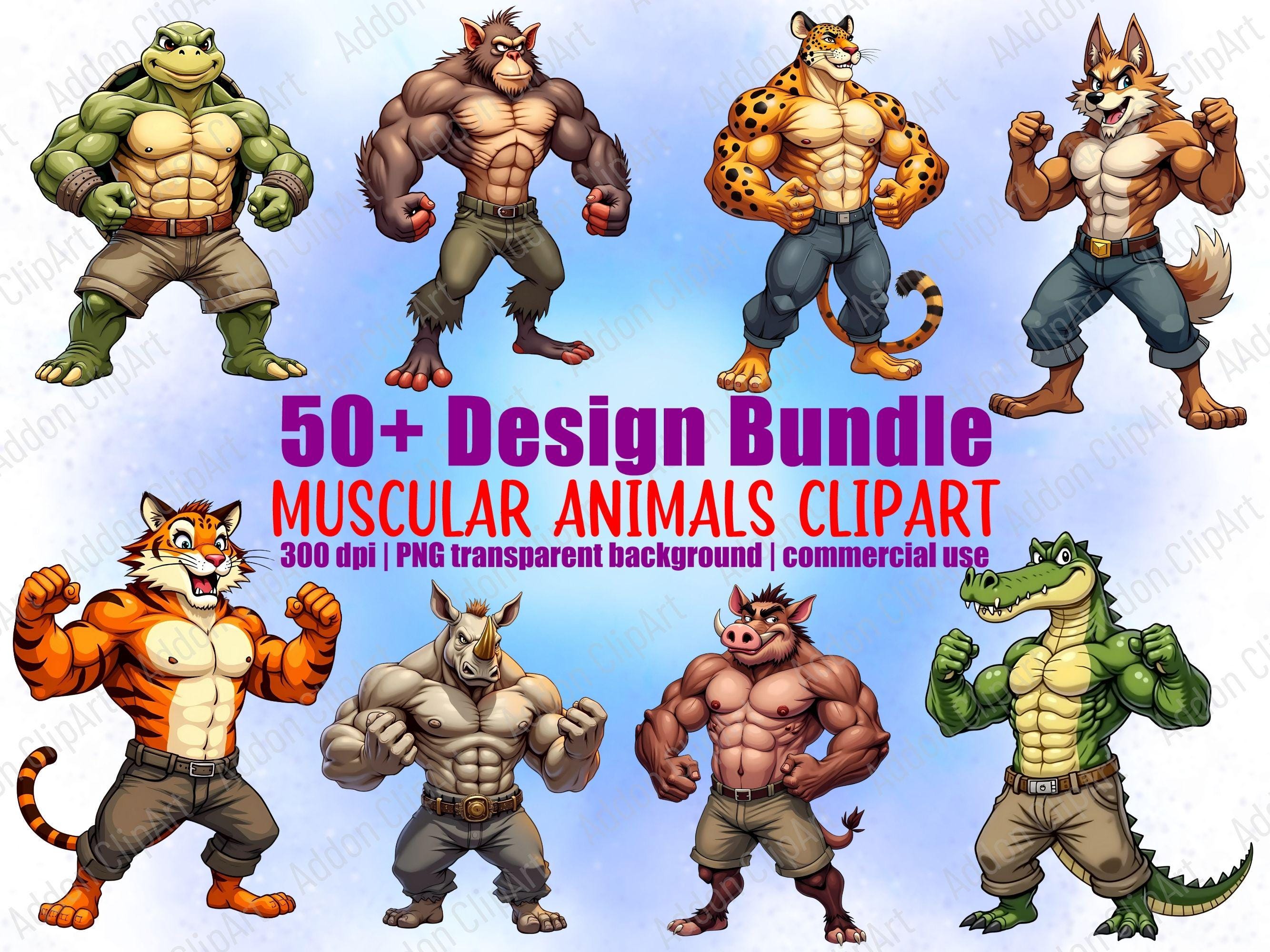 Muscular Cartoon Animals Clipart Bundle: Bodybuilder Pngs Digital ...
