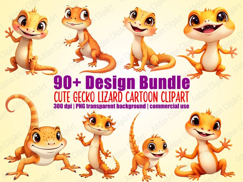 Cute Gecko (lizard) Cartoon Clipart PNG Bundle Printable Nursery Pet ...