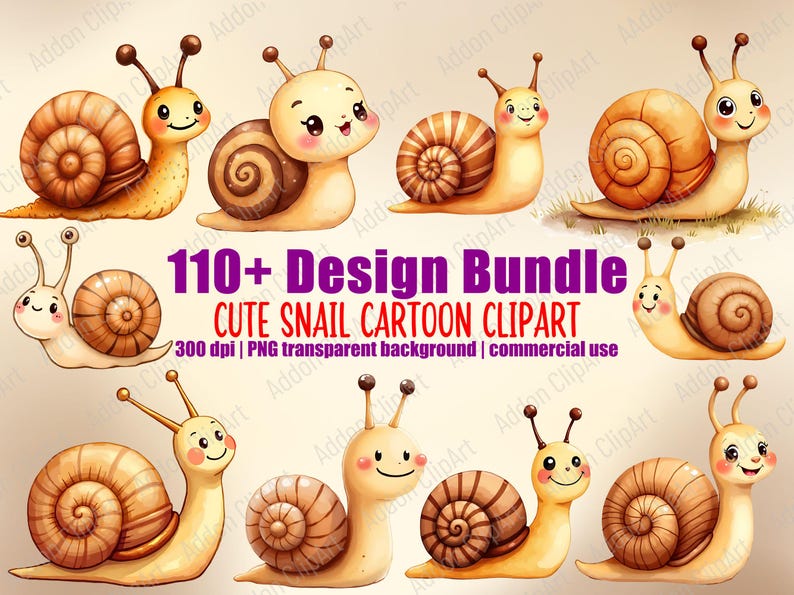 Cute Snail Watercolor Clipart Illustration Cartoon PNG Bundle Printable ...