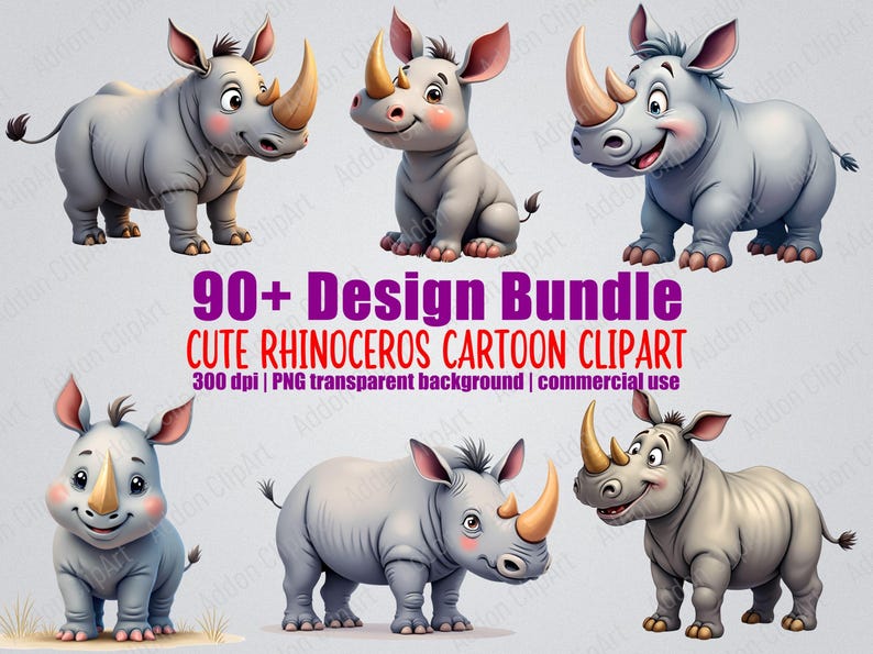 Cute Rhinoceros Cartoon Clipart PNG Bundle Printable Nursery Pet Baby ...
