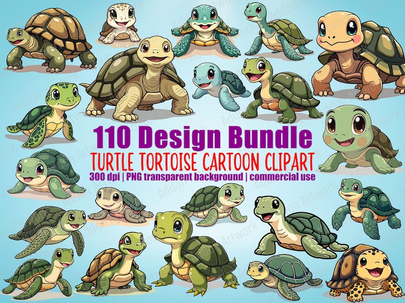 Turtle Tortoise Cartoon Illustration PNG Bundle Printable Nursery ...