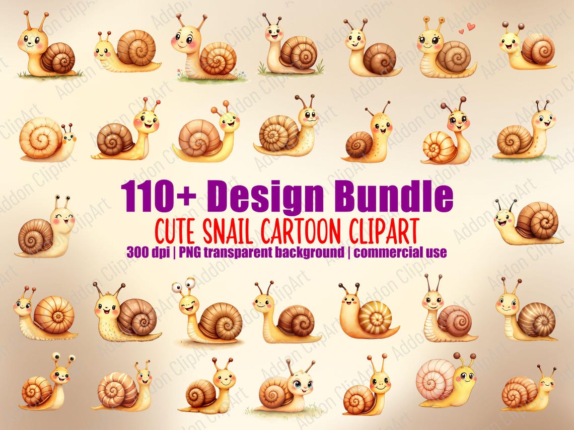 Cute Snail Watercolor Clipart Illustration Cartoon PNG Bundle Printable ...