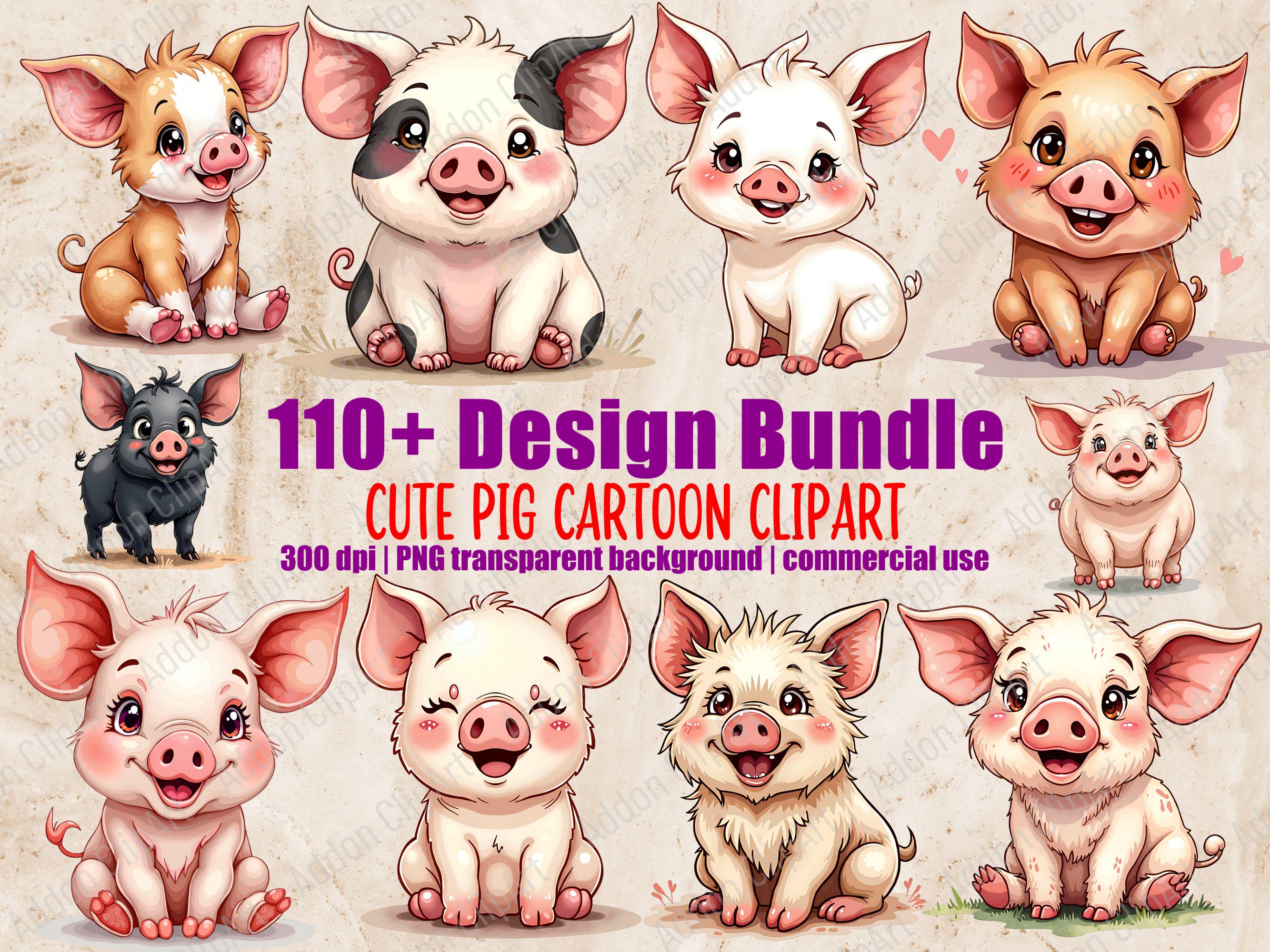 Cute Pig Watercolor Clipart Illustration Cartoon PNG Bundle Printable ...