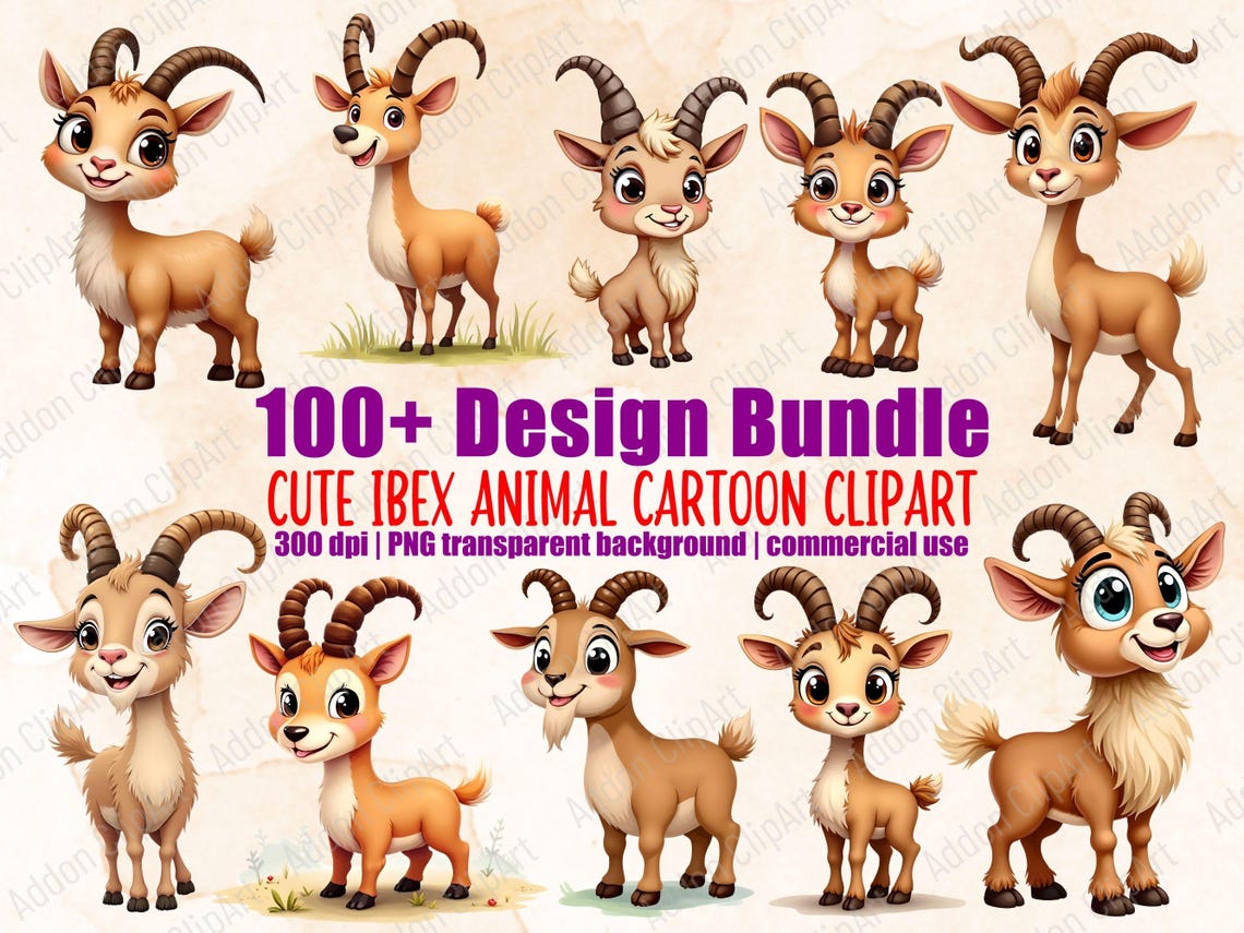 Cute Ibex Cartoon Clipart PNG Bundle Printable Nursery Pet Baby Animal ...