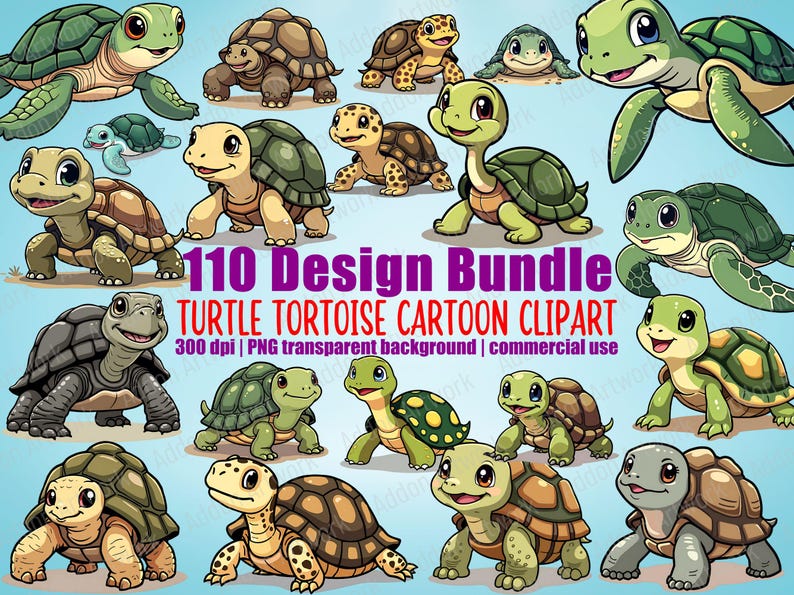 Turtle Tortoise Cartoon Illustration PNG Bundle Printable Nursery ...