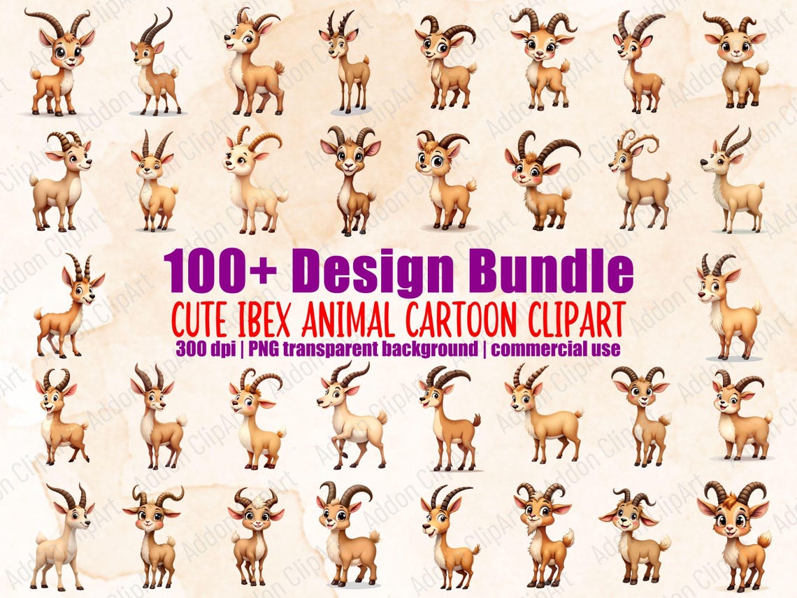 Cute Ibex Cartoon Clipart PNG Bundle Printable Nursery Pet Baby Animal ...
