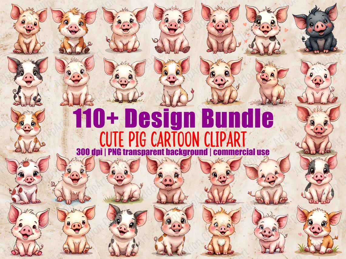 Cute Pig Watercolor Clipart Illustration Cartoon PNG Bundle Printable ...