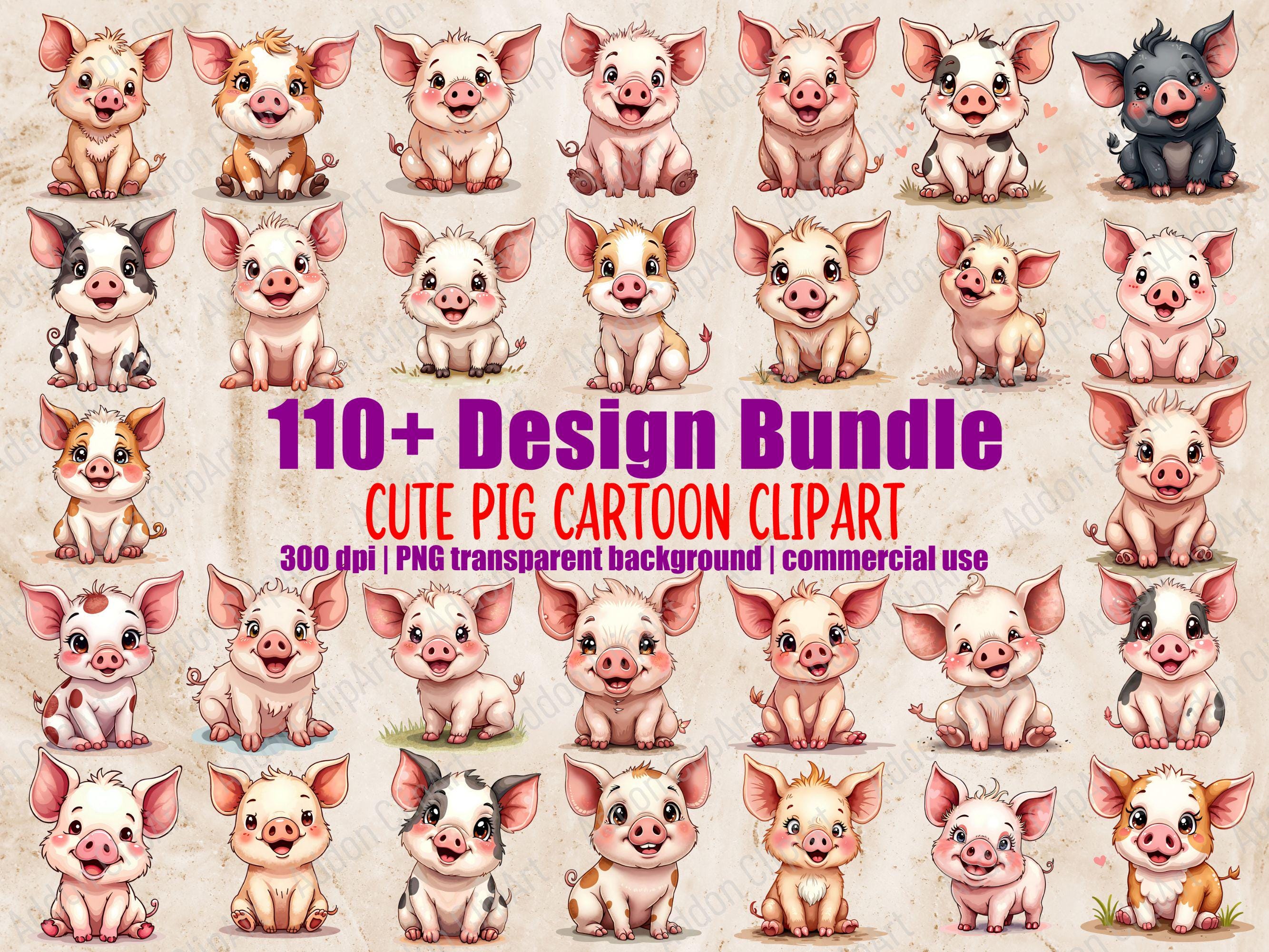 Cute Pig Watercolor Clipart Illustration Cartoon PNG Bundle Printable ...
