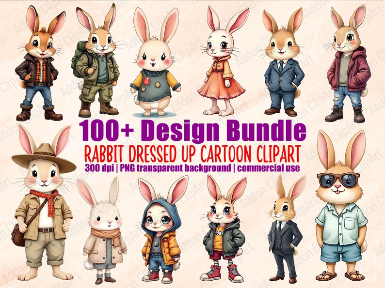 Rabbit Dressed up Outfits Clipart Cartoon PNG Bundle Printable Nursery ...