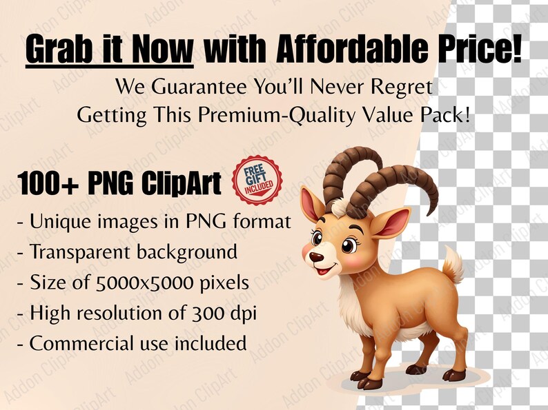 Cute Ibex Cartoon Clipart PNG Bundle Printable Nursery Pet Baby Animal ...
