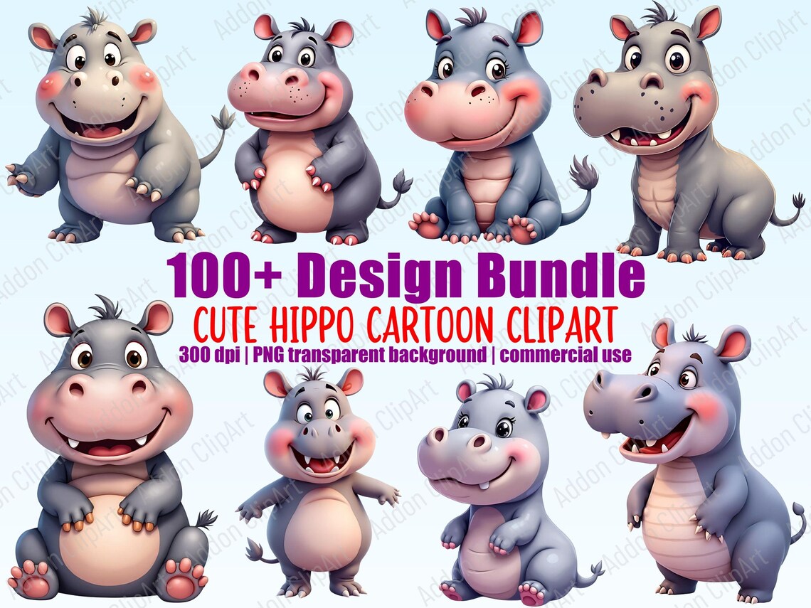 Cute Hippopotamus Clipart Watercolor Hippo Cartoon Illustration PNG ...