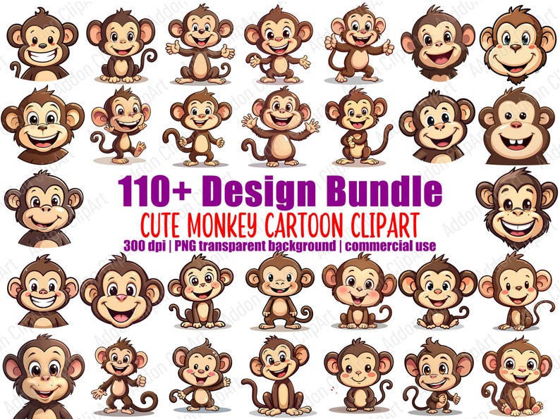Cute Monkey Nursery Clipart Illustration Cartoon PNG Bundle Printable ...