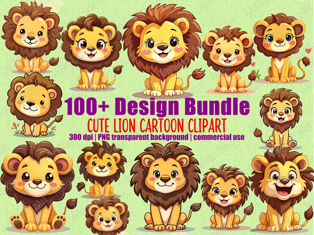 Cute Lion Clipart Illustration Cartoon Style PNG Bundle Printable ...