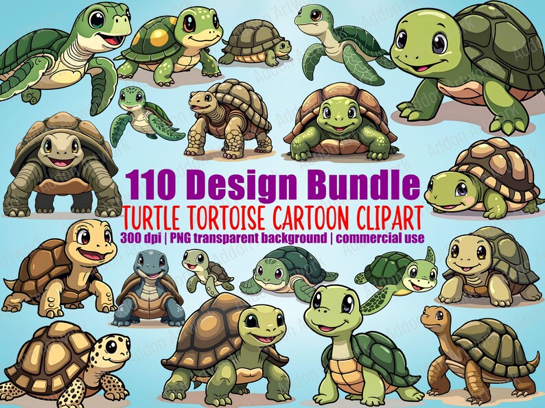Turtle Tortoise Cartoon Illustration PNG Bundle Printable Nursery ...