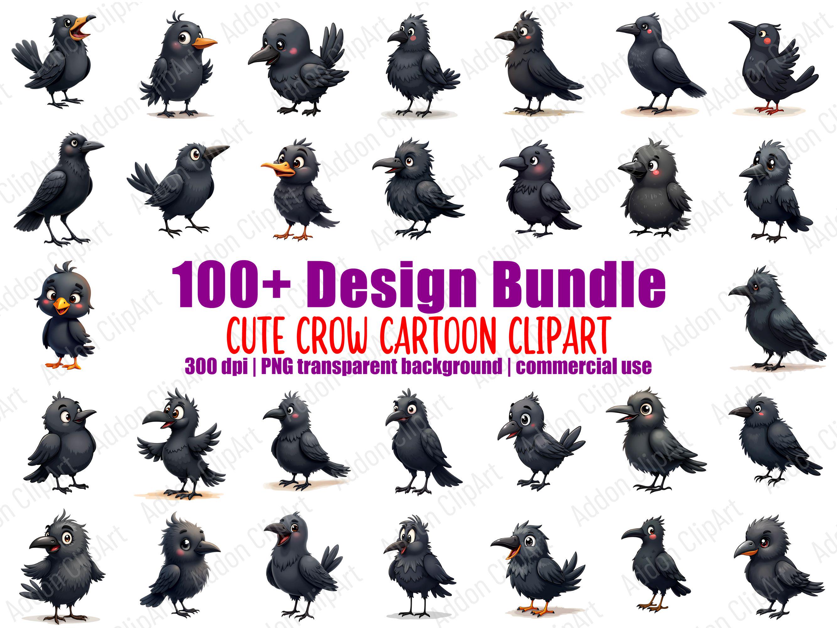 Cute Crow Bird Watercolor Clipart Illustration Cartoon PNG Bundle ...