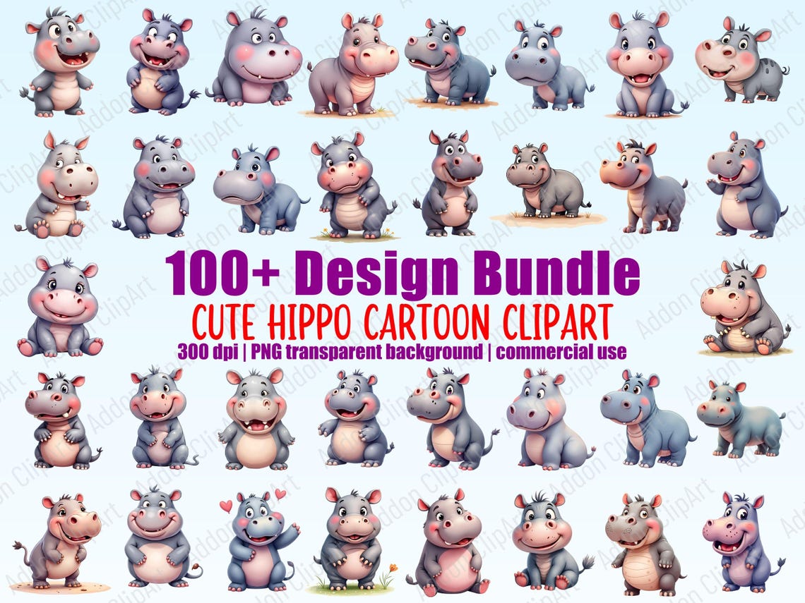 Cute Hippopotamus Clipart Watercolor Hippo Cartoon Illustration PNG ...