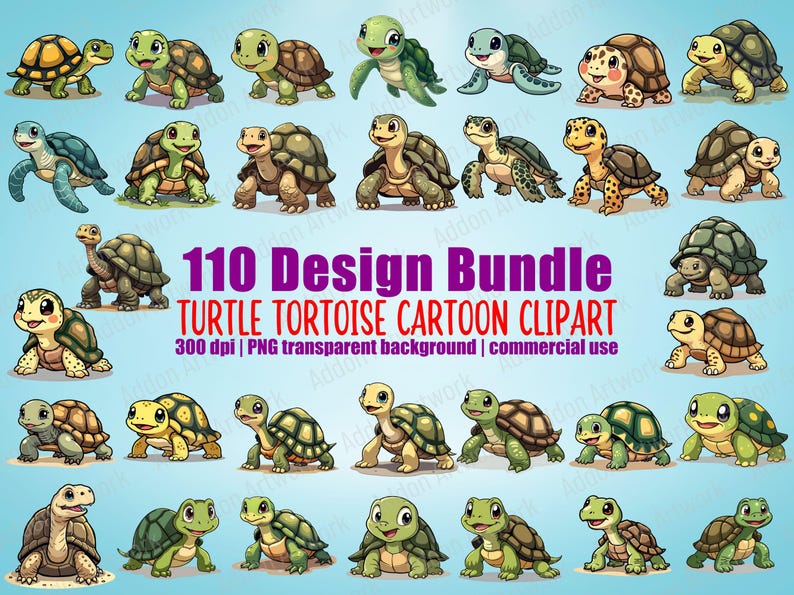 Turtle Tortoise Cartoon Illustration PNG Bundle Printable Nursery ...