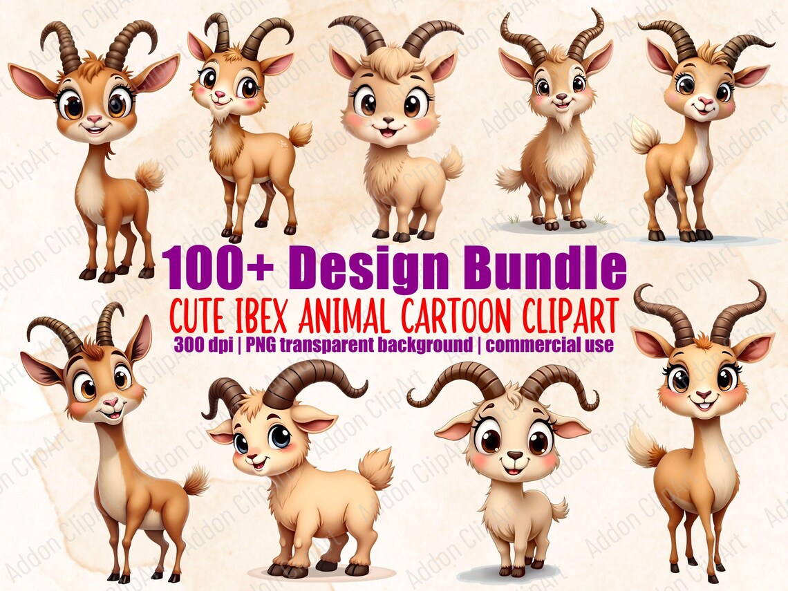 Cute Ibex Cartoon Clipart PNG Bundle Printable Nursery Pet Baby Animal ...