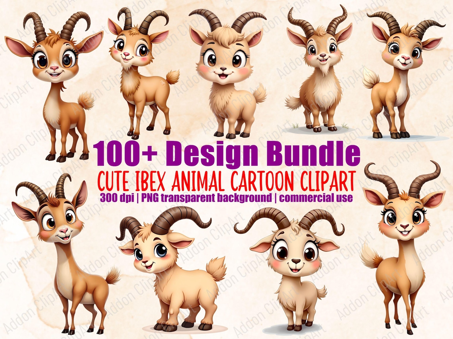 Cute Ibex Cartoon Clipart PNG Bundle Printable Nursery Pet Baby Animal ...