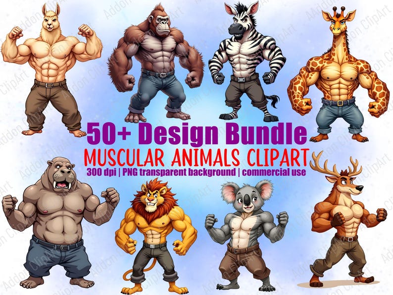 Muscular Cartoon Animals Clipart Bundle: Bodybuilder Pngs Digital ...