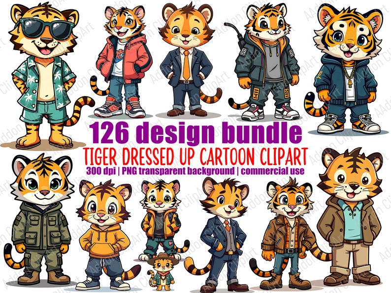 Tiger Dressed up Cartoon Illustration PNG Bundle Printable Nursery ...