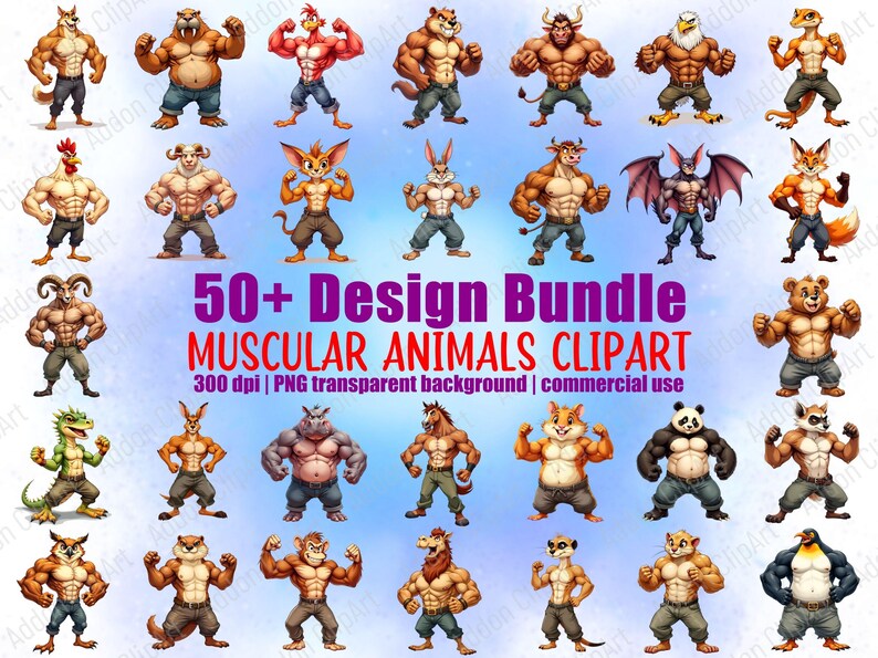 Muscular Cartoon Animals Clipart Bundle: Bodybuilder Pngs Digital ...