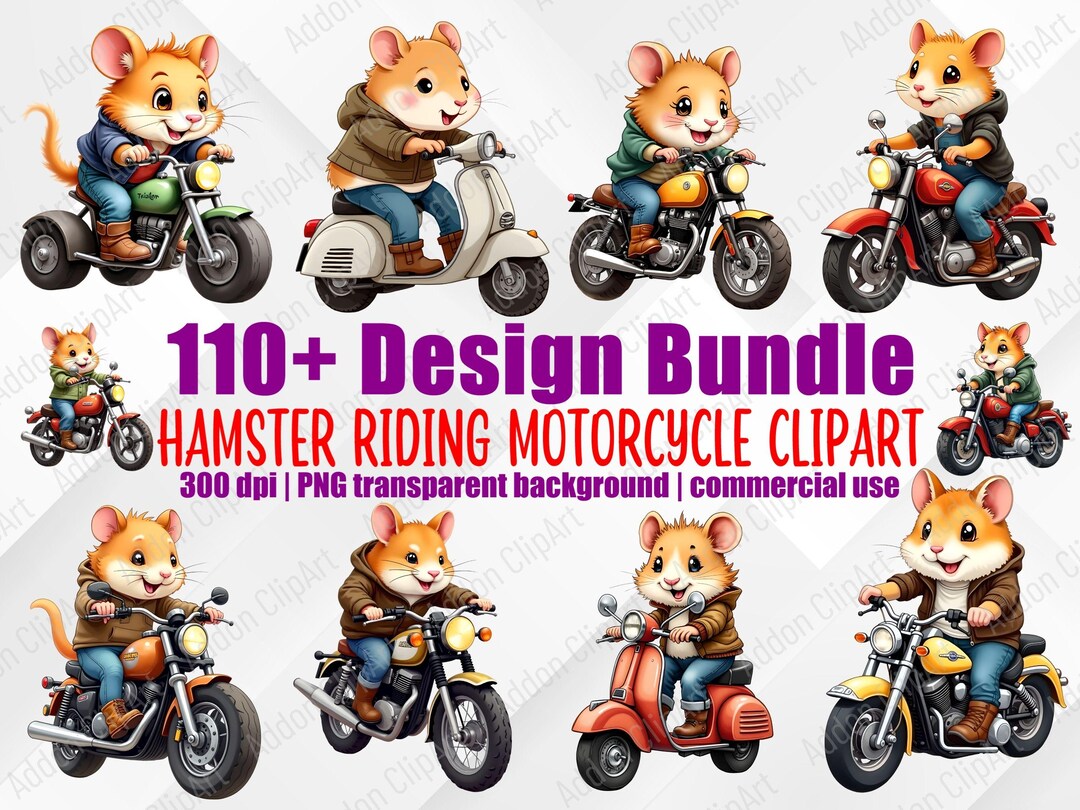Hamster Riding Motorcycle Clipart Illustration Cartoon PNG Bundle ...