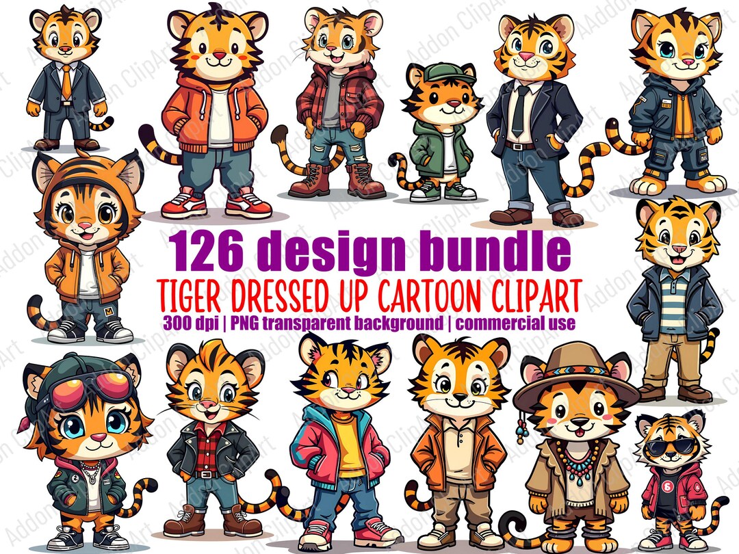 Tiger Dressed up Cartoon Illustration PNG Bundle Printable Nursery ...