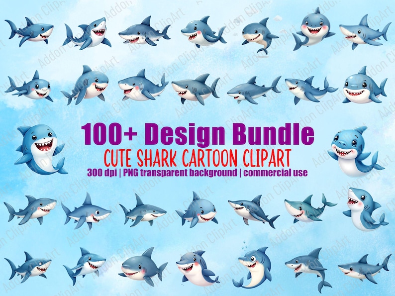 Cute Blue Shark Watercolor Clipart Illustration Cartoon PNG Bundle ...