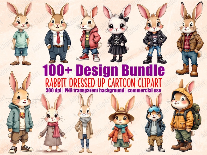 Rabbit Dressed up Outfits Clipart Cartoon PNG Bundle Printable Nursery ...