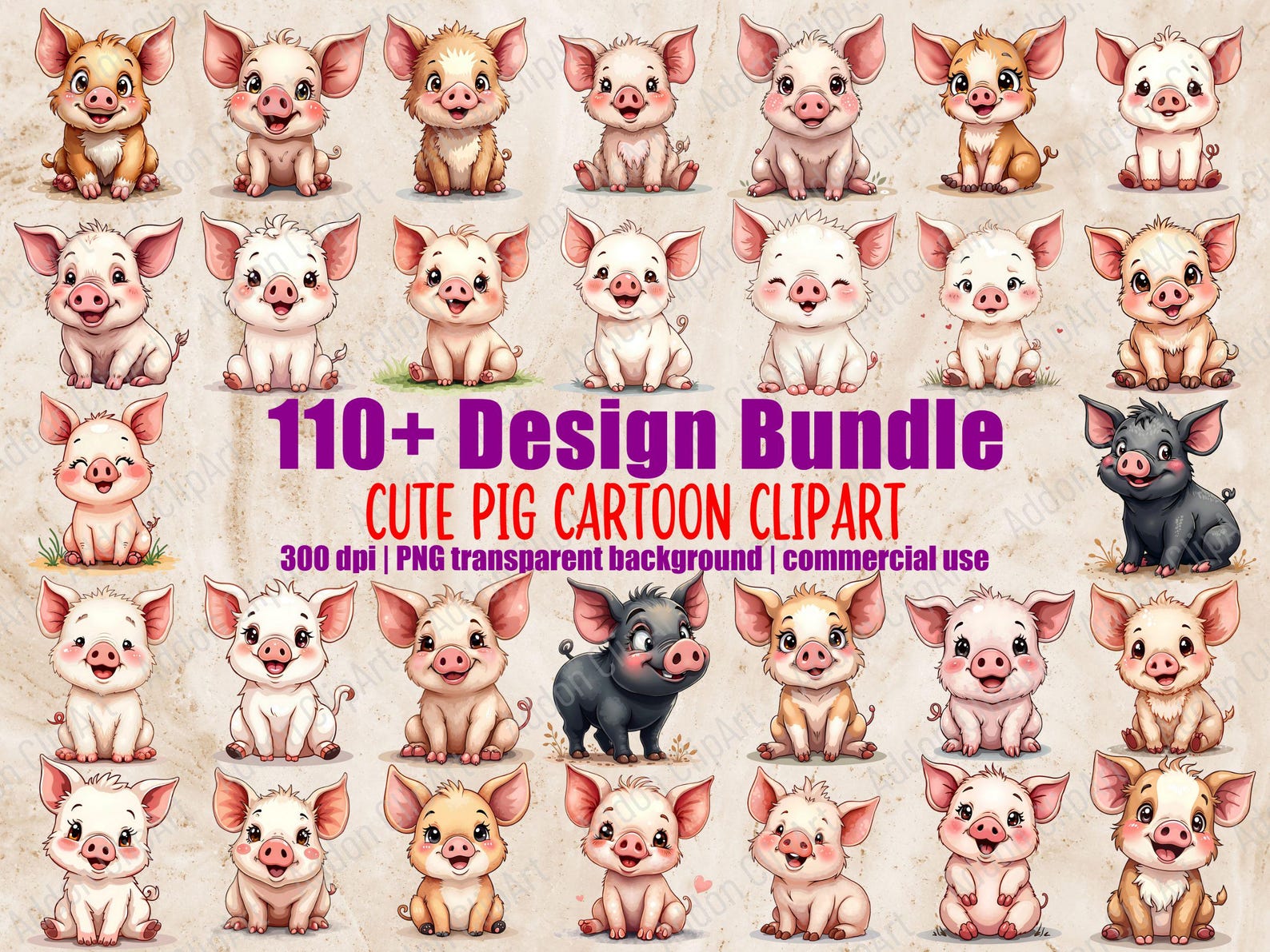 Cute Pig Watercolor Clipart Illustration Cartoon PNG Bundle Printable ...