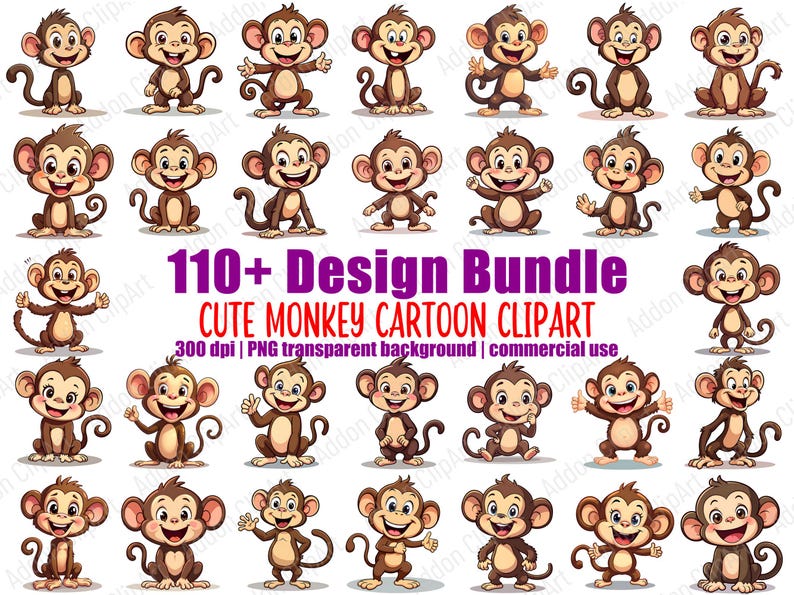 Cute Monkey Nursery Clipart Illustration Cartoon PNG Bundle Printable ...