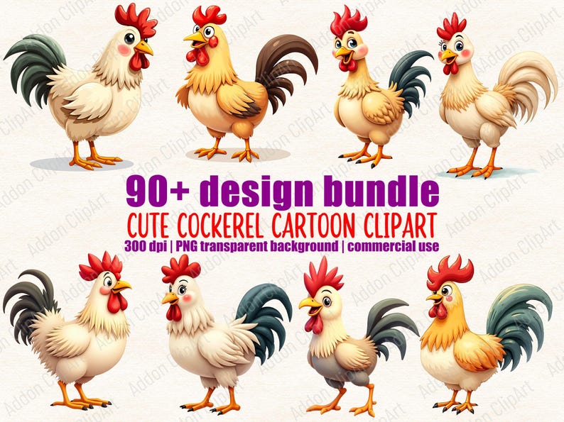Cute Cockerel Cartoon Clipart PNG Bundle Printable Nursery Farm Baby ...