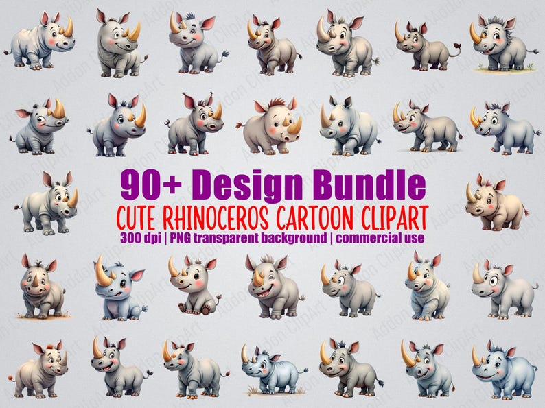 Cute Rhinoceros Cartoon Clipart PNG Bundle Printable Nursery Pet Baby ...