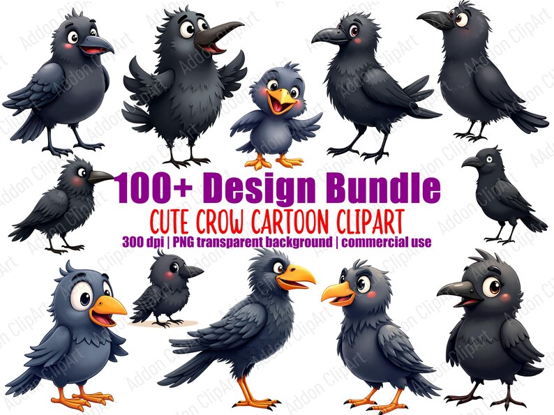 Cute Crow Bird Watercolor Clipart Illustration Cartoon PNG Bundle ...