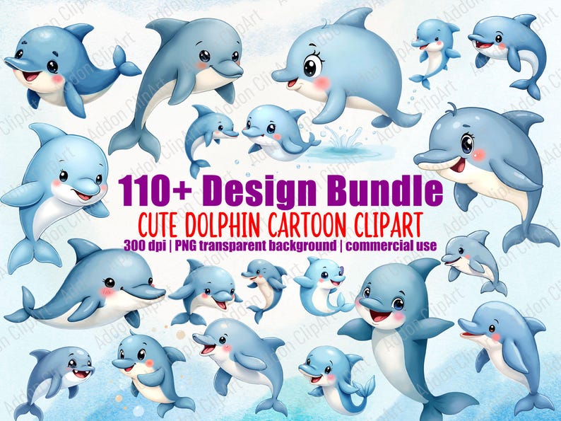 Cute Dolphin Watercolor Clipart Illustration Cartoon PNG Bundle ...